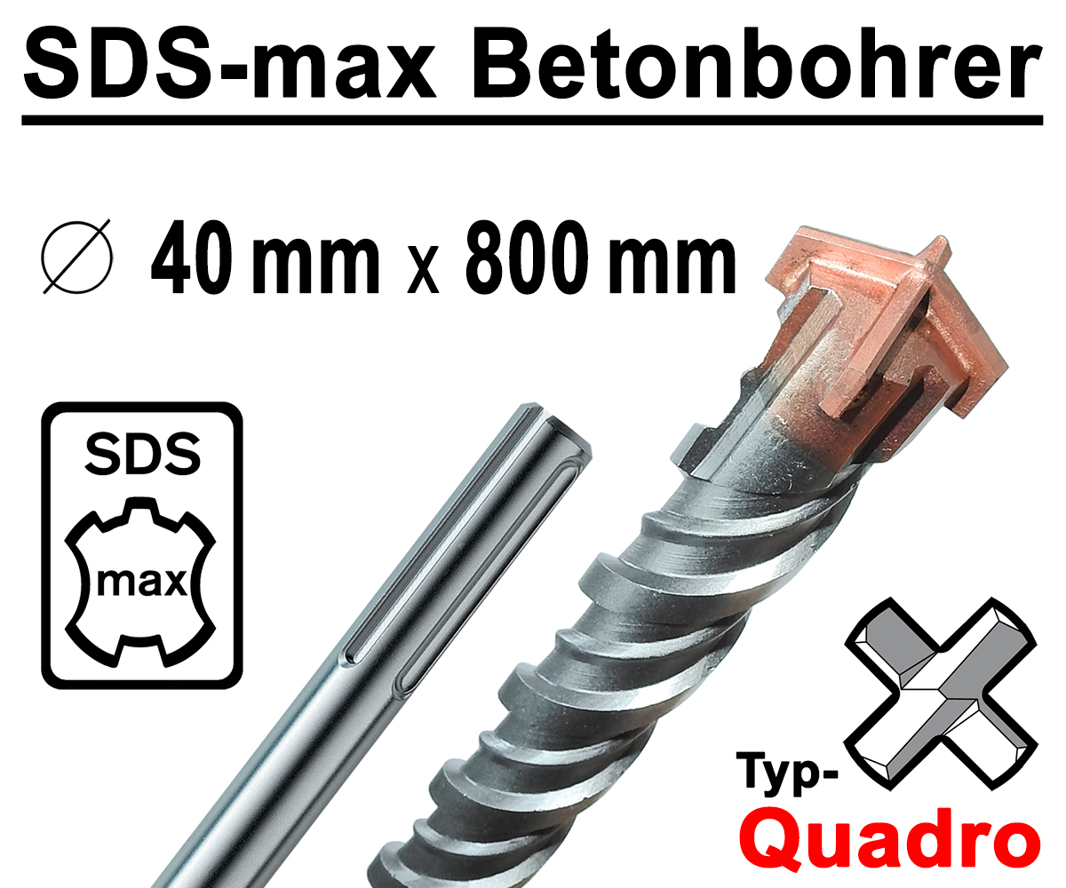 SDS-MAX Quadro Bohrer Ø 40 mm x 800 mm Lang Hammerbohrer Betonbohrer ...