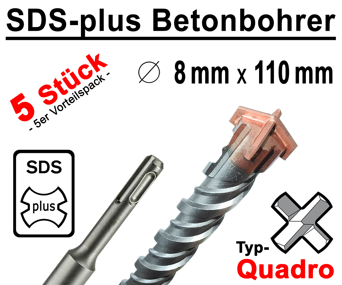 5 Stück SDS-plus Betonbohrer 8 x 110 mm Quadro Bohrer Hammerbohrer ...
