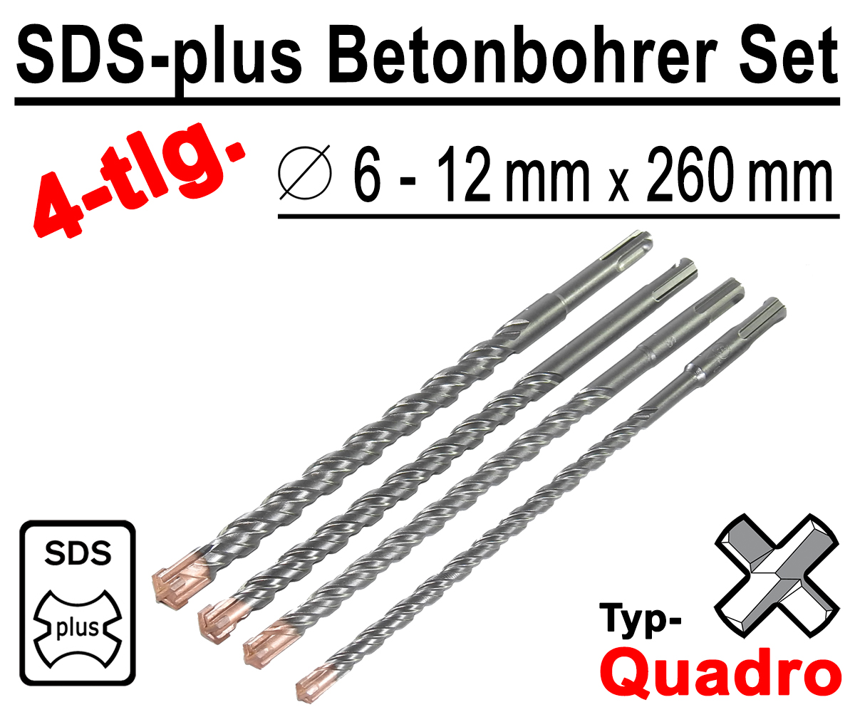 SDS-plus Betonbohrer Set 4-tlg Quadro Bohrer Hammerbohrer 6mm - 12mm x ...